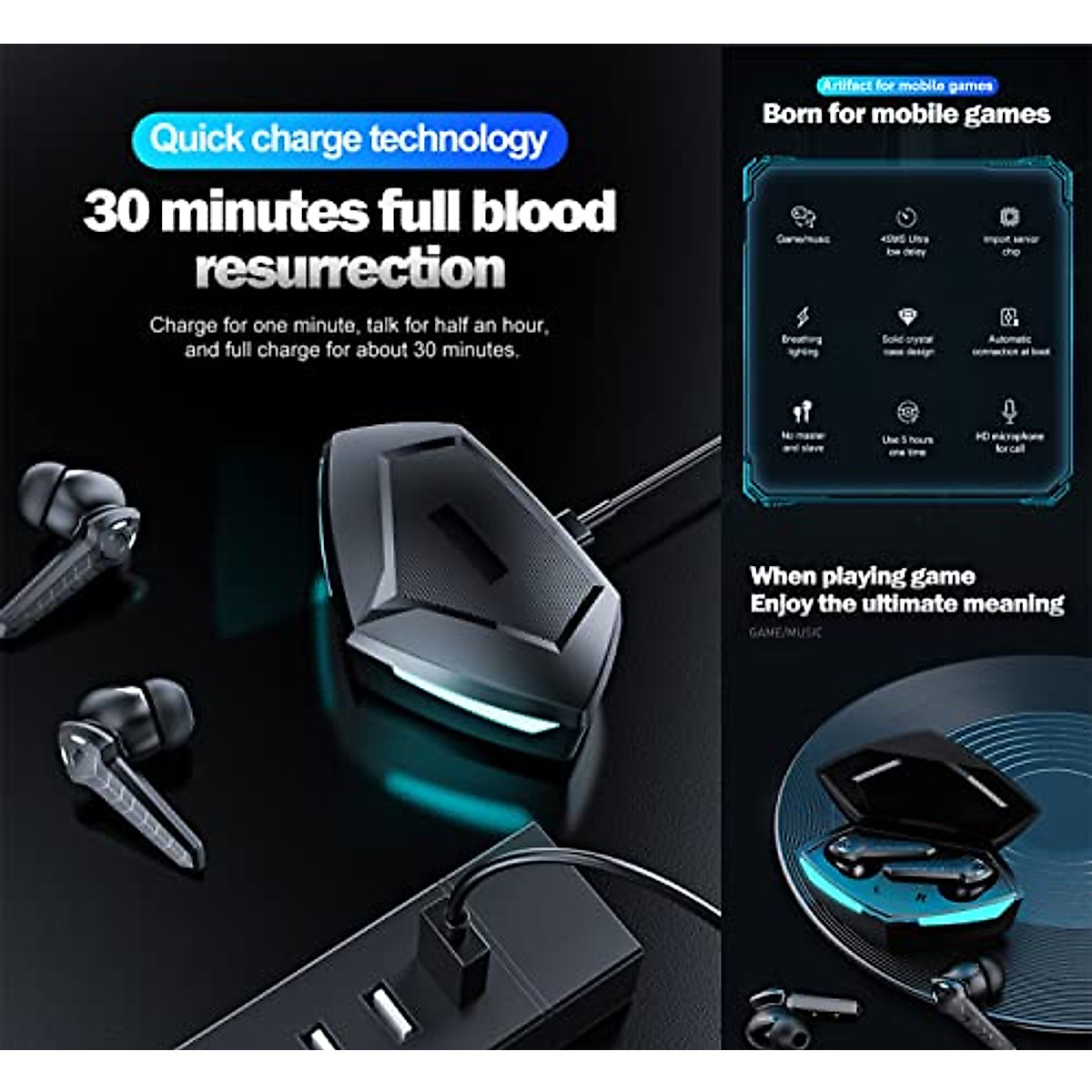 Crosky Bluetooth 5.2 Wireless Earbuds Gaming Earphones, 45ms Low Latency Stereo HiFi Sound Quality & Deep Bass Earphone, True Wireless Earbuds for Android and iPhone (Black)