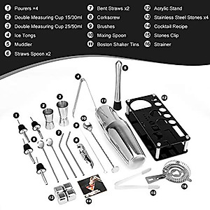 Cocktail Shaker Set, 23-Piece Boston Stainless Steel Bartender Kit with Acrylic Stand & Cocktail Recipes Booklet, Professional Bar Tools for Drink Mixing, Home, Bar, Party (Include 4 Whiskey Stones)