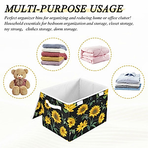 Vnurnrn Collapsible Storage Bins with Lids, Sun Flower Yellow Flowers Foldable Storage Boxes, Storage Box Cube with Lid for Clothes,Bedroom,Toys,16.5x12.6x11.8 Inch