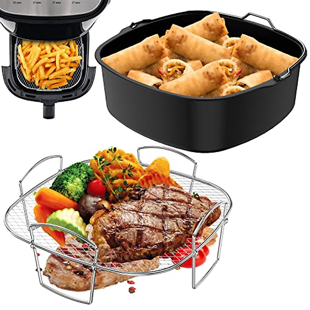 Eummy - 2Pcs Air Fryer Cooking Accessory Kit 8Inch Stainless Steel Air Fryer Rack Reversible Rack and Non-Stick Baking Pan Universal Air Fryer Accessories Dishwasher Safe for Dual Basket Air Fryer