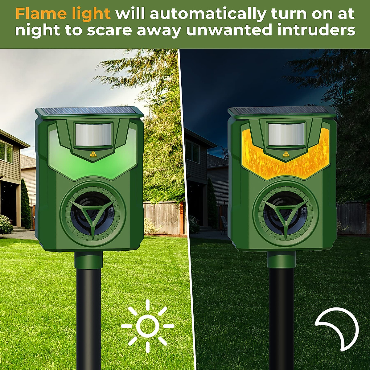 Careland Upgraded Solar Animal Repeller Ultrasonic Deer Repellent Devices with Motion Sensor and Flame Light Cat Repellent Outdoor Waterproof Dog Raccoon Skunk Deterrent (Green 1Pack)