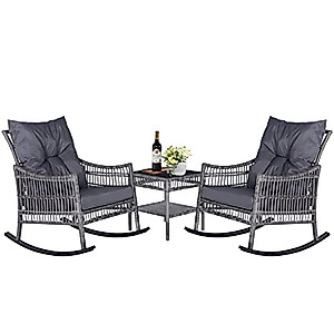VEIKOU Patio Furniture Set Rocking Bistro Set, 3 Pc Outdoor Wicker w/Upgraded 3'' Thicken Cushion, Rattan Chair Conversation Sets with Glass Coffee Table, Grey/Black