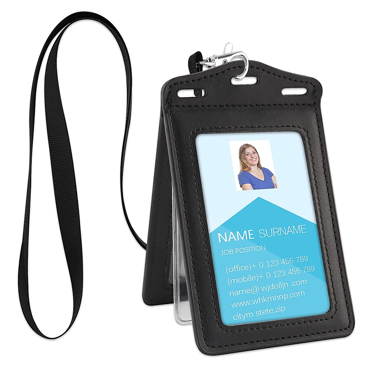 Badge Holder Trifold,PU Leather ID Card Holder with Clear ID Window and Detachable Badge Lanyard for Business,Worker,Student,Black