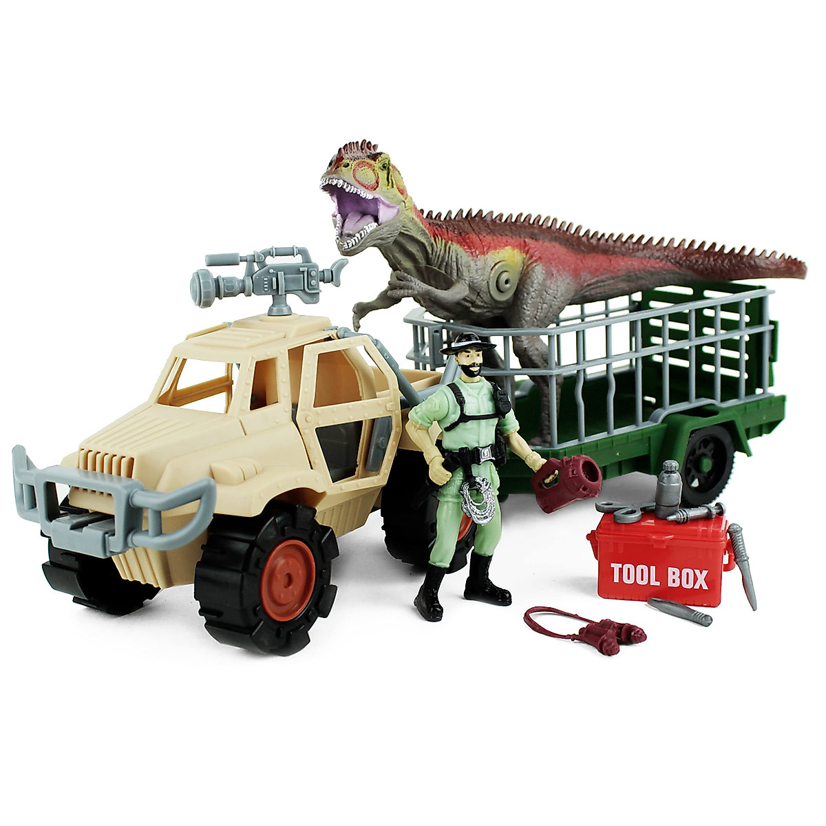 Boley Dinosaur Explorer Play Set - 13 Piece Dinosaur Toys Set with Roaring Giant T-Rex Dinosaur Toy, Explorer Figure, Large Truck, Tool Box, and More!