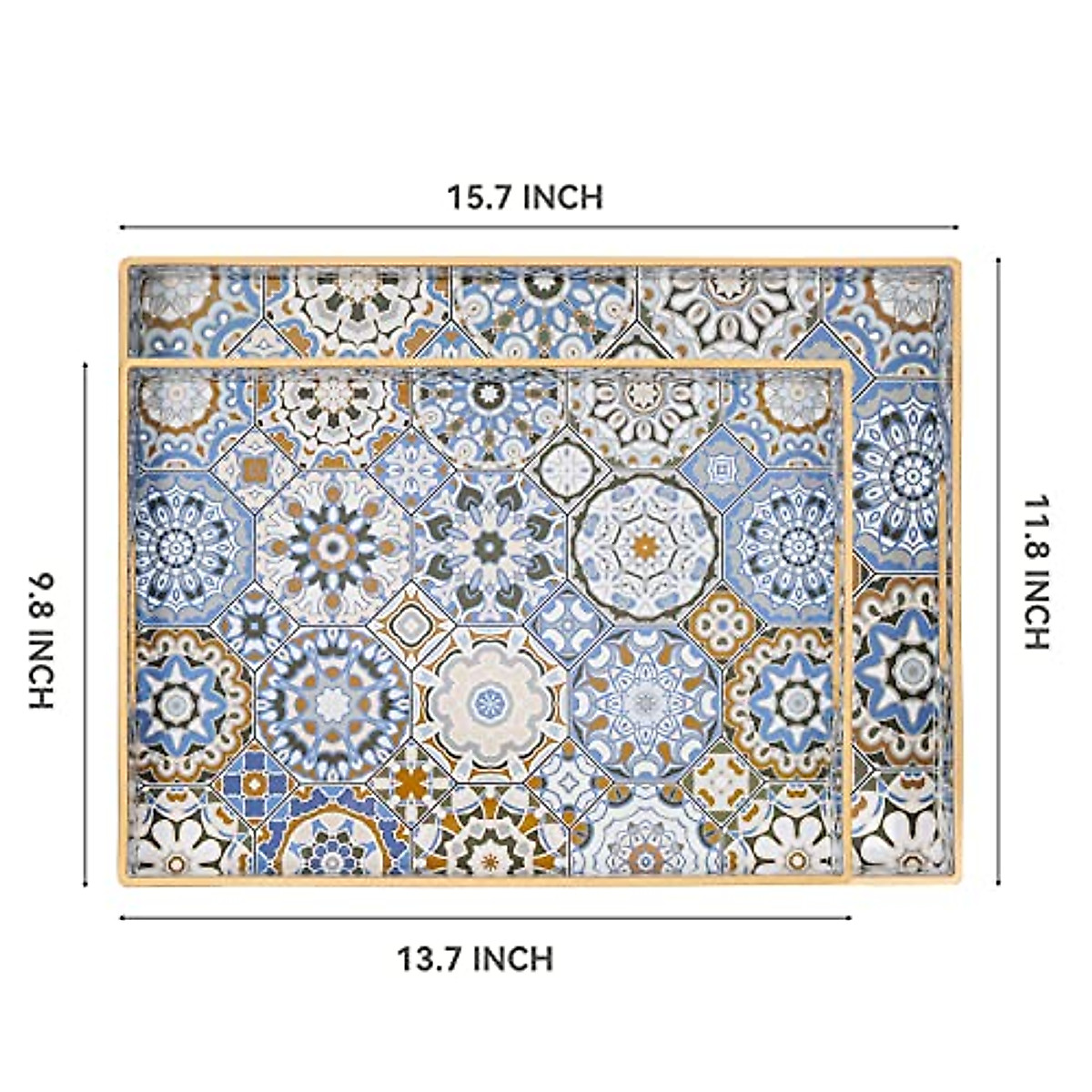 AGIOTA 2 Pcs Serving Tray with Handles Ottoman Tray for Living Room Blue Boho Decorative - Modern Plastic Large Coffee Table Trays