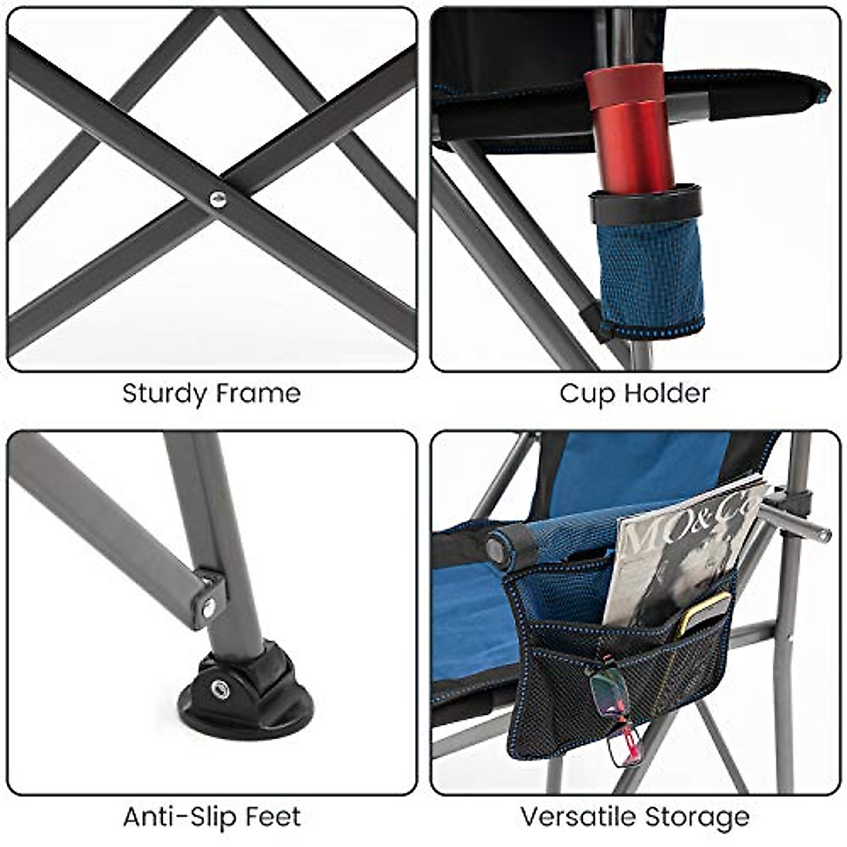 XGEAR Camping Chair Hard Arm High Back Lawn Chair Heavy Duty with Cup Holder, for Camp, Fishing, Hiking, Outdoor, Carry Bag Included (Blue)