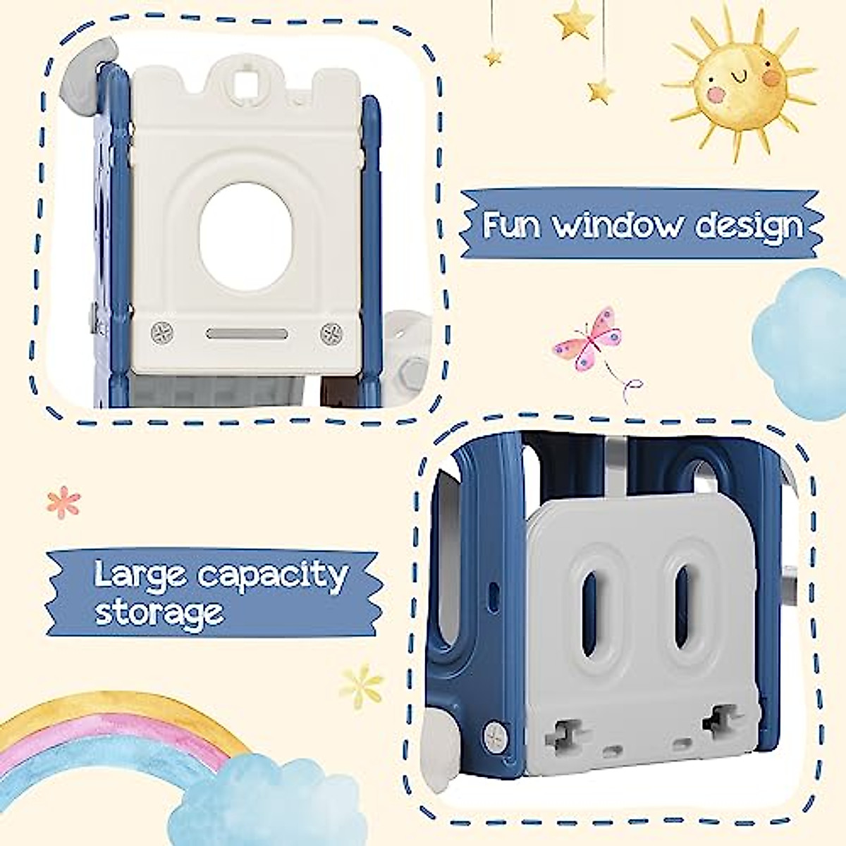 Virubi 5-in-1 Slide with Swing Set, Freestanding Baby Slide Set with Climber, Basketball Hoop and Storage Space, Slide & Swing Playset for Toddlers Age 1+ Outdoor Indoor Playground (Blue & White)