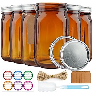 CARBLIN 6 Pack Mason Jars 32 oz, Amber Wide Mouth Canning Jars with Airtight Lids, Glass Pint Jars with Bands Labels Brush, Large Storage Quart Jars for Jam Fermenting Preserving