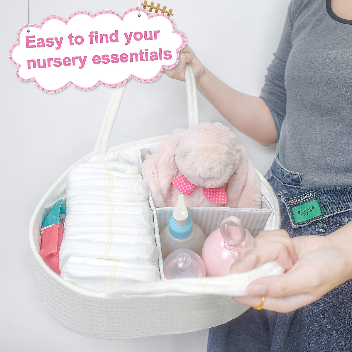 ABenkle Baby Diaper Caddy, Nursery Storage Bin and Car Organizer for Diapers and Baby Wipes, Cotton Rope Diaper Basket Caddy, Changing Table Diaper Storage Caddy Baby Gift Baskets, White