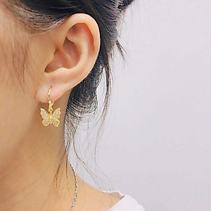 INENIMARTJ Butterfly Earrings Butterfly Dangle Earrings 14K Gold Small Crystal Butterfly Hoop Earrings for Women