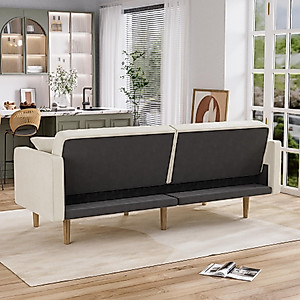 OUYESSIR Futon Sofa Bed, 75.3", Couch, Small Sofa, Sleeper Sofa, Loveseat, Mid Century Modern Velvet Futon Couch with 2 Pillows for Living Room (Beige White Velvet, Futon)