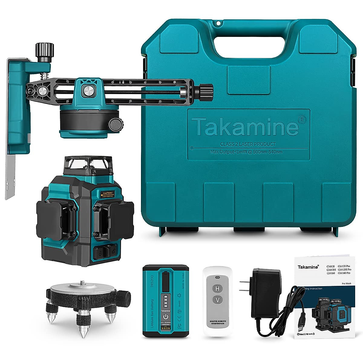 Takamine 3x360° 12 Lines Self Leveling Green Laser Level, 3D Cross Line for Construction/Picture Hanging with Removable Li-ion Battery, Remote Controller, Magnetic Rotating Stand and Hard Case