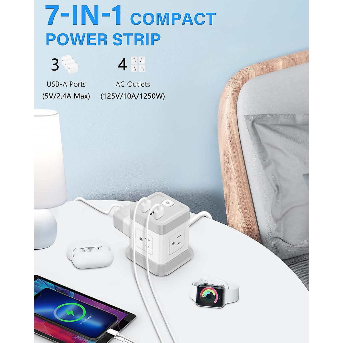 Power Strip with 4 Outlets 3 USB Ports, BEVA Cube Extension Cord Flat Plug Small Desktop Charging Station with 5ft Power Cable Multi Protection for Travel, Cruise Ship, Office, Dorm Room Grey