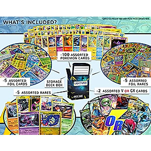 Lightning Card Collection Ultimate Rare Card Bundle- 100+ Cards (15 Holo Cards and Rare Cards and 2 Ultra Rare Cards inculded) and a deckbox That is Compatible with Pokemon Cards