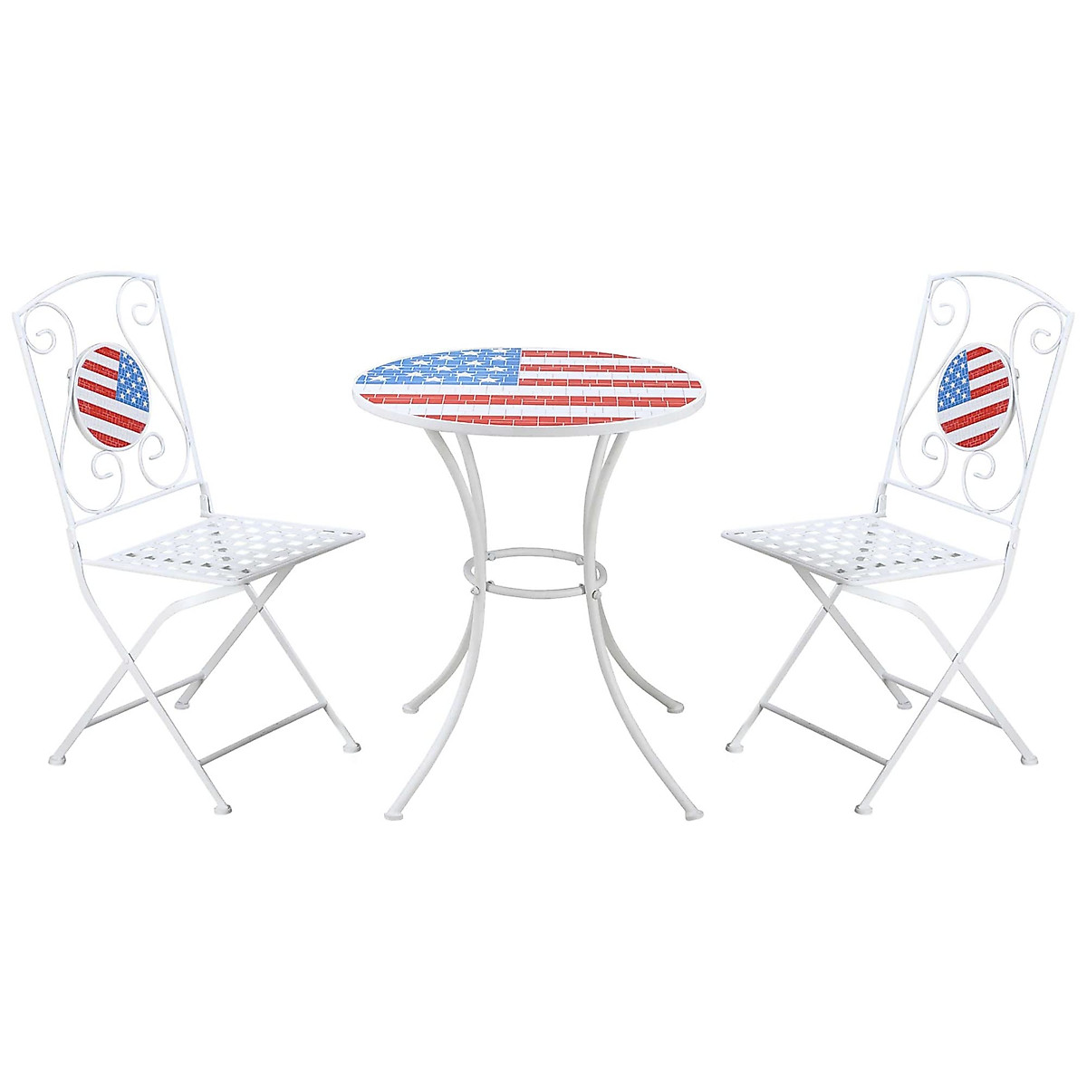 Outsunny 3 Piece Patio Bistro Set, Folding Outdoor Furniture with USA Mosaic Table and Chairs, Portable Metal Frames for 4th of July, Balcony, Backyard, Poolside, Porch, American Flag