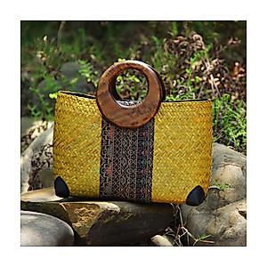 QTKJ Women Summer Retro Straw Bag with Printing Pattern Hand-woven Beach Handbag Top Round Handle Boho Tote Bag Shopping Travel Large Bag (Yellow 2)