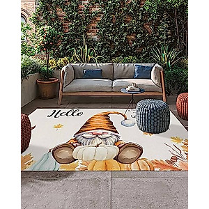 Hello Fall Gnomes Outdoor Rug for Patio/Deck/Porch, Non-Slip Large Area Rug 6 x 9 Ft, Thanksgiving Pumpkin Maple Leaf Indoor Outdoor Rugs Washable Area Rugs, Reversible Camping Rug Carpet Runner
