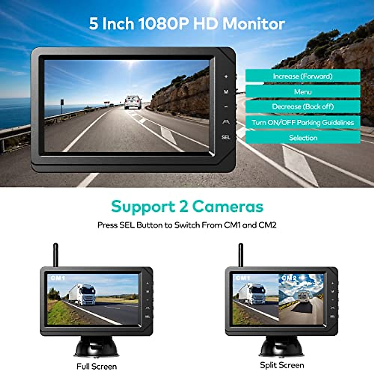 Nuoenx Wireless Backup Camera for RV, Split Screen 5 Inch HD Monitor W/ Wireless License Plate Backup Camera & Wireless Rear View Camera, IR Night Vision Waterproof Camera for RV, Trailer, 5th Wheel