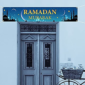 KYMY Ramadan Mubarak Porch Sign with 59 X 11.8 inch,Muslim Ramadan Banner for Eid Mubarak Party,Islamic Hanging Banner for Indoor and Outdoor Ramadan Mubarak Decorations