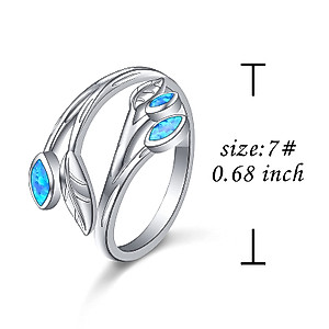 HOOHWE 925 Sterling Silver Leaf Rings for Women, Opal Adjustable Wrap Olive Branch Ring for Daily Wear Wedding Ring Unique Marquise Shape Open Leaf Rings Jewelry Gifts for Women with Gift Box