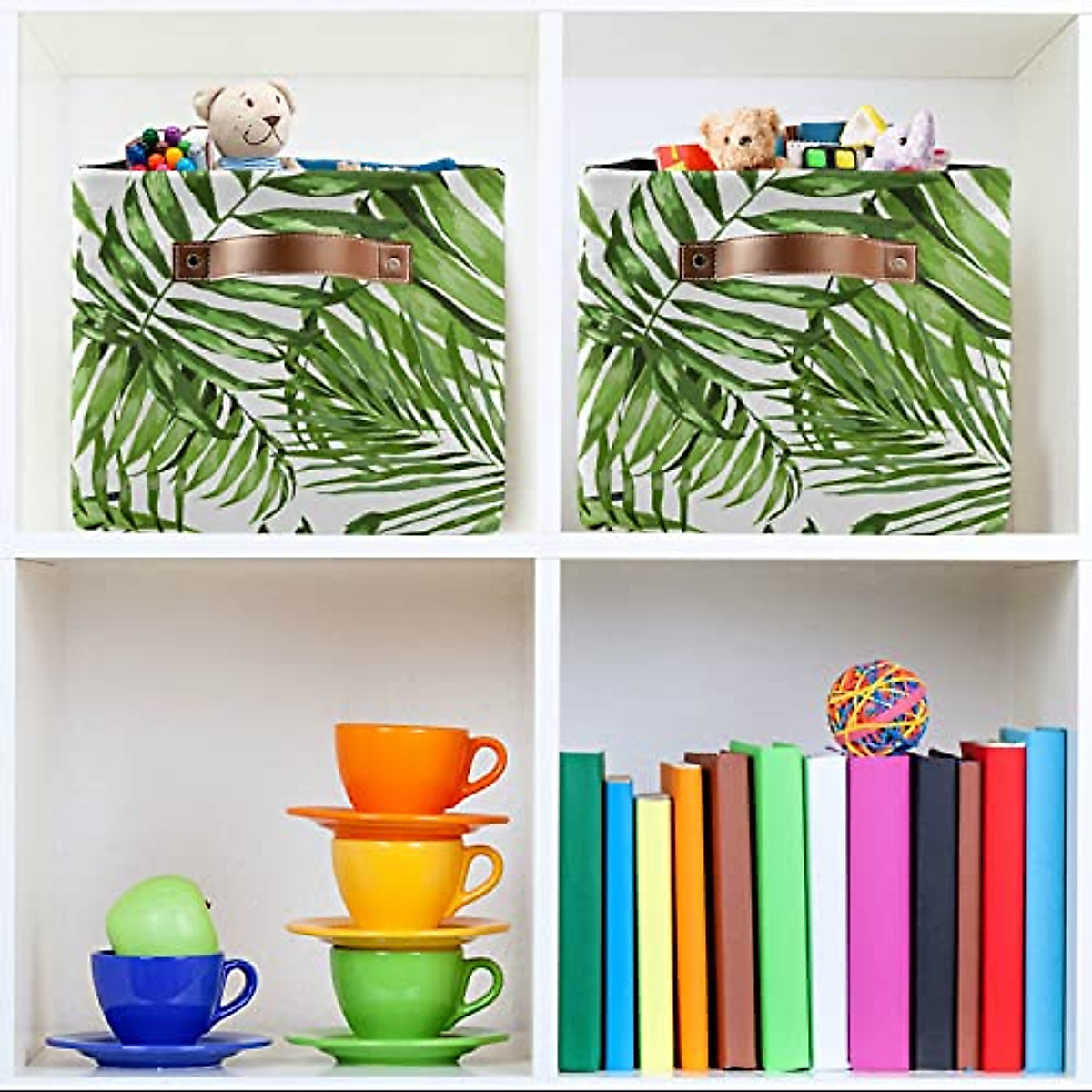 Large Foldable Storage Basket Palm Tree Exotic Tropical Plant Storage Bin Canvas Toys Box Fabric Decorative Collapsible Organizer Bag with Handles for Bedroom Home