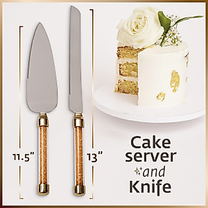 Cake Knife And Server Set With Gold Glittering Bead Handles - Packaged in a Gift box- Gift Idea For Weddings, Birthdays, Anniversaries