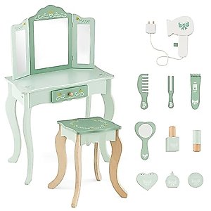 TUOCHUFUN Girls Vanity, 2 in 1 Kids Vanity Princess Makeup Dressing Table Chair Set with Tri-fold Mirror (Green)