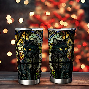 20oz Stained Glass Black Cat Tumbler, Gifts for Cat Lovers, Coffee Thermos for Women, Stainless Steel Double Wall Vacuum Insulated Coffee Mug, Travel Cup with Lid