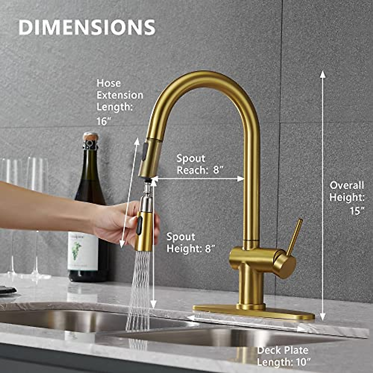 YardMonet Brushed Gold Kitchen Faucet with Pull Down Sprayer, Modern Gold Kitchen Sink Faucet Single Hole with 10" Deck Plate, Single Handle Pull Out Kitchen Faucets for Sink