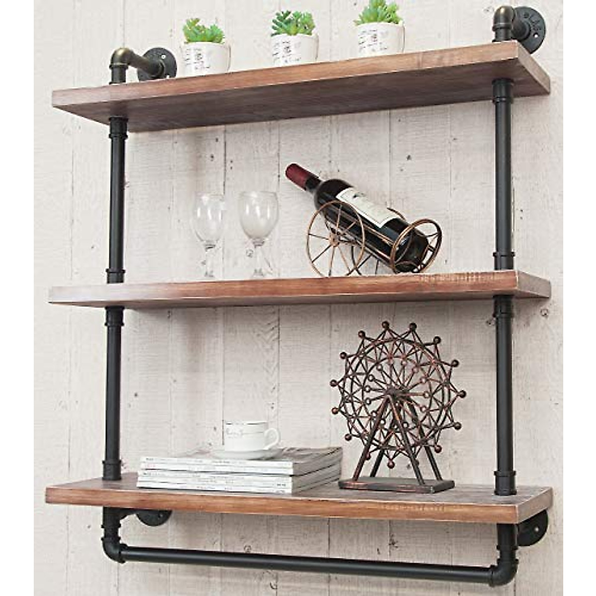 BIXIRAO Industrial Wall Mounted Iron Floating Pipe Shelves/Shelving/Racks/Storage/Bookcases/Brackets, DIY Open Bookshelves/Shelving for Kitchen/Office, Retro Black (3-Tier Floating Shelves)