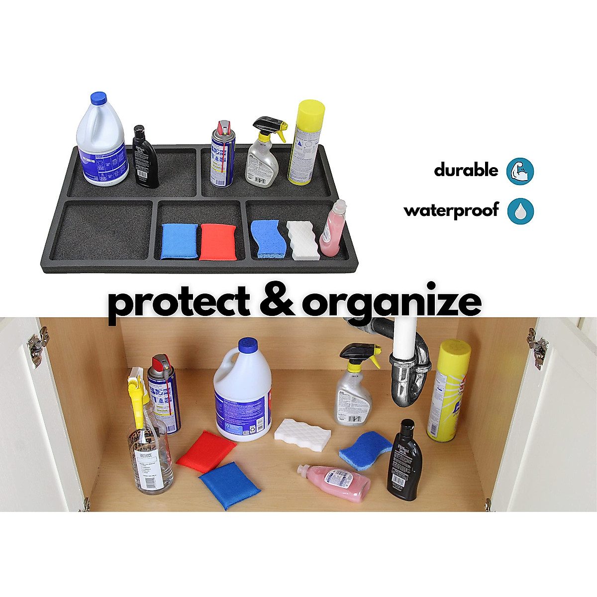 Polar Whale Under Sink Cabinet Mat Floor Protector Tray Waterproof Washable Protection Kitchen or Bathroom Drip Spill Durable Black Foam Odorless Flexible Leak Liner 31 x 19 Inches