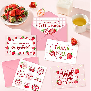 Konsait Strawberry Thank You Cards, 24 Pack Strawberry Theme Thank You Cards with Envelopes and Stickers, 6 Design Thank You Greeting Cards for Baby Shower Bridal Shower Wedding