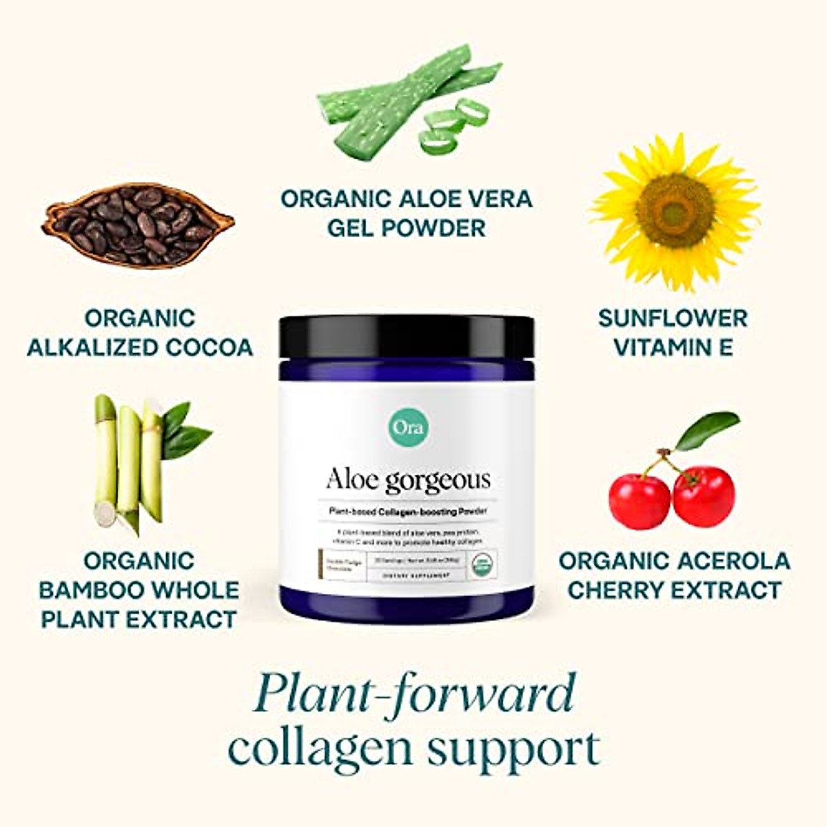 Ora Organic Vegan Collagen-Boosting Powder for Women and Men - Hair, Skin, & Nails Support - Bamboo Silica, Plant-Based Protein, Organic Vitamin C, Aloe Vera - Chocolate Flavor, 20 Servings