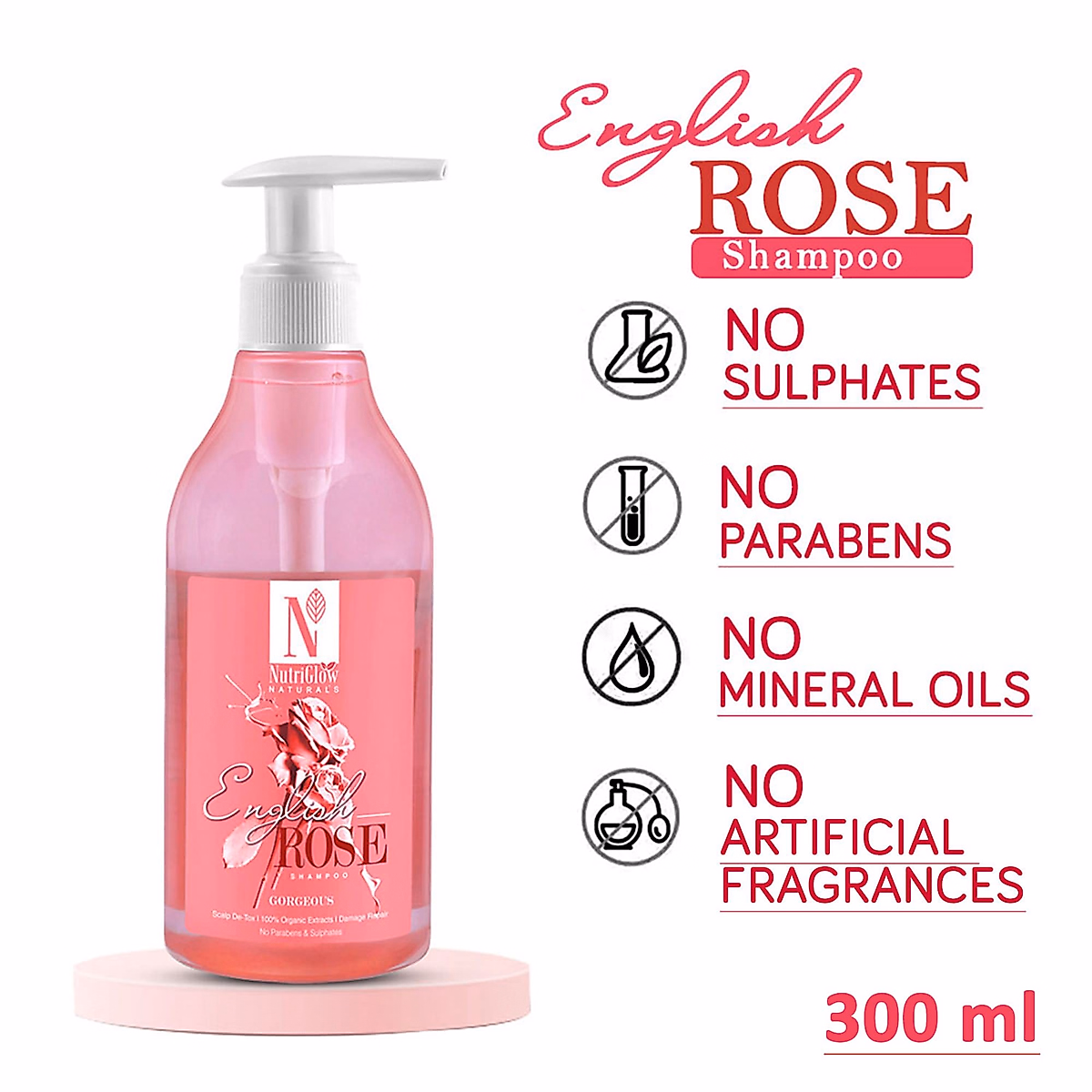 NUTRIGLOW Naturals English Rose Shampoo, Scalp De-Tox, Organic Extracts, Control Dandruff and Damage Repair, Best For Dry Scalp, Soothing To Hair, No Parabens & Sulphates 10.14 Oz