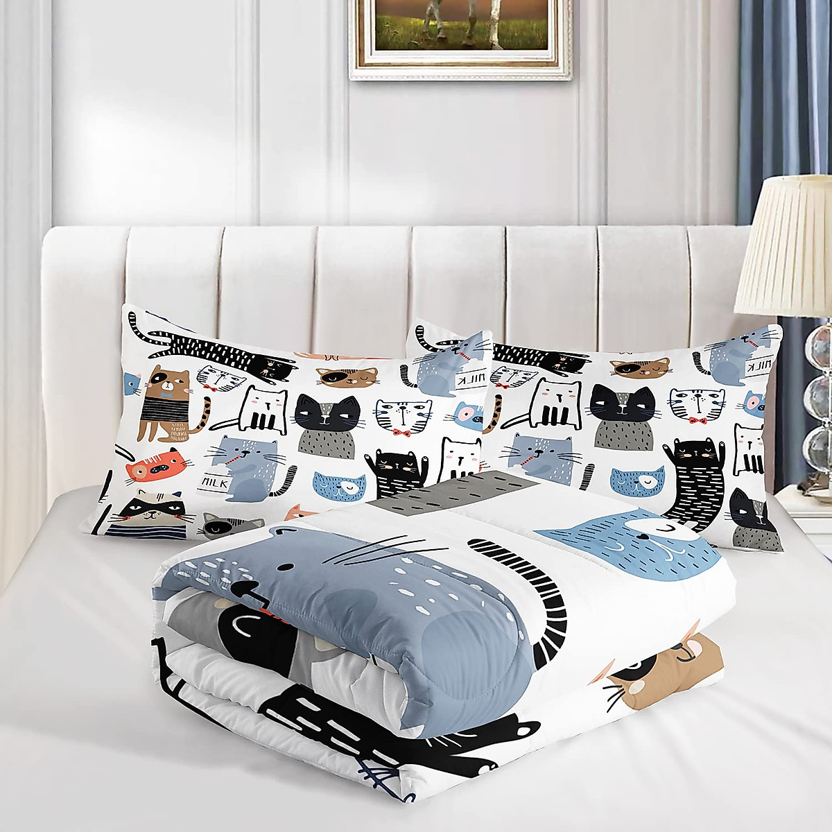 CVHOUSE Cat Bedding,Cartoon Cat Comforter Full,Animals Print Comforter Set for Kids,Kawaii Quilt Set with 1 Comforter and 2 Pillow Cases