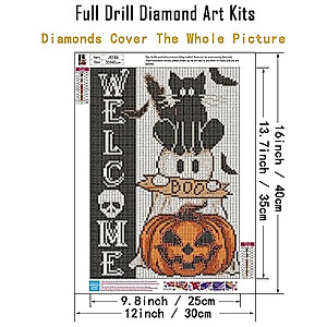 Welcome Halloween Diamond Painting Kits for Adults Beginners, Black Cat Ghost Boo Pumpkin 5D Diamond Art Kits, DIY Full Round Drill Gem Art, Fall Home Wall Decor 12 x 16 Inch