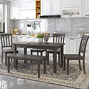 GLORHOME 6 Pieces Kitchen Dining Set for 6, Rectangular Wood Table with Little Drawers and 4 Chairs 1 Bench for Family, Gray