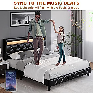 Modern Upholstered Platform Bed Frame with LED Headboard, Faux Leather Low Profile Platform Bed Frame, Strong Wood Slat Support, Adjustable Upholstered Headboard, Easy Assembly, Black, Queen Size