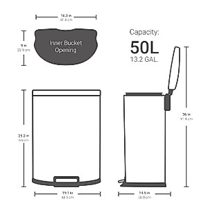 QUALIAZERO 50L/13Gal Stainless Steel Commercial/Kitchen Step Trash Can & 13 Gal Trash Bag Set, Soft Close Lid, D Shape (50L D Shape & 50 Bags)