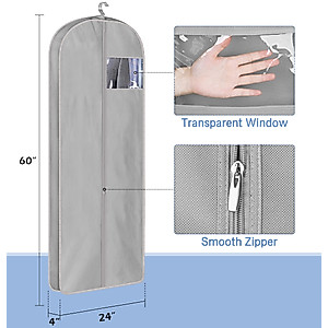 KIMBORA 60" Dress Garment Bags for Storage and Travel, Gusseted Hanging Clothes Bags for Closet Storage with Handles for Long Gowns, Coats（3 Packs,Gray）