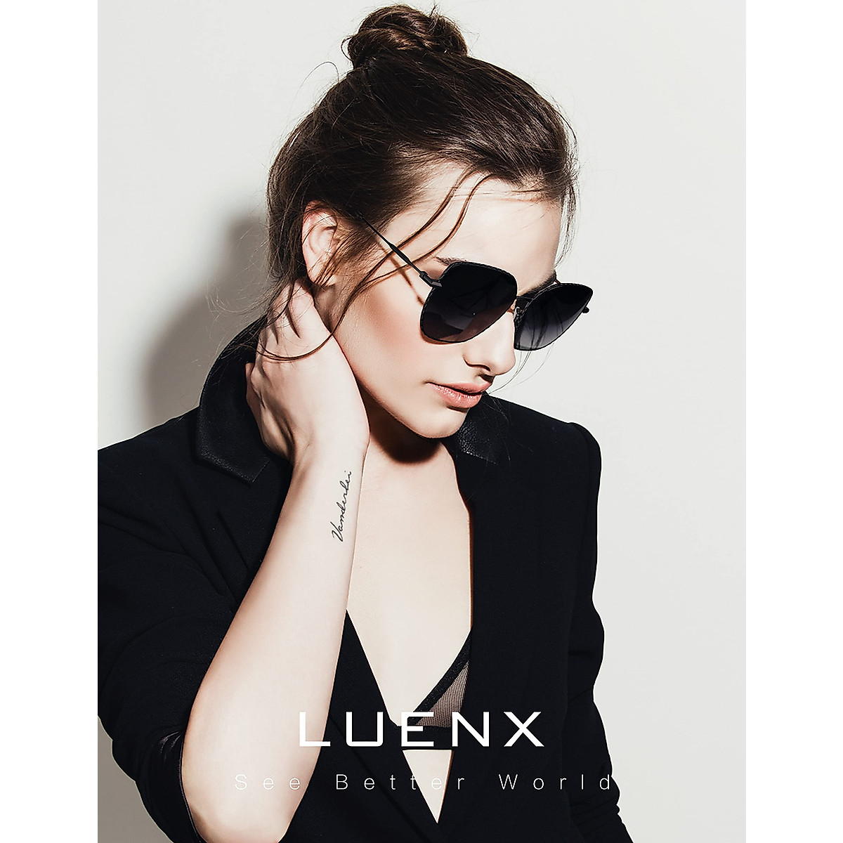 LUENX Trendy Square Oversized Women Aviator Sunglasses - Polygon Flat Three dimensional Rhombic Loop Wire Black Frame PC Grey Lens