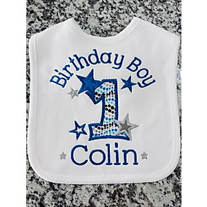 Fantasy Kids Designs First Birthday Boy Bib Smash Bib for Baby Boy Personalized with Custom Name (White Bib/Royal Blue)