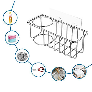 2-in-1 Stainless Steel Kitchen Adhesive Sponge Holder Brush Holder Sink Organizer Rustproof and Waterproof