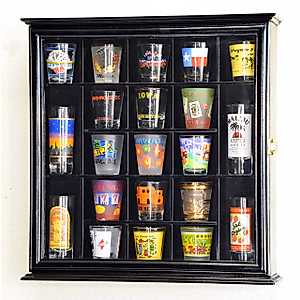 21 Shot Glass Shotglass Shooter Display Case Holder Cabinet Wall Rack 98% UV Lockable -Black