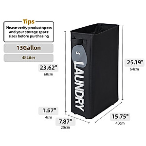 ECOWAN LIVING Laundry Basket with Wheels, Narrow Thin Tall Rolling Collapsible Foldable Laundry Hamper, Waterproof Corner Dirty Clothes Laundry Bin, Handle on Both Side, 48L (Slim/13Gal, Black)