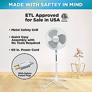 Comfort Zone CZST185WT 18" 3-Speed Oscillating Pedestal Fan with Adjustable Height and Tilt, 90-Degree Oscillation and Quad-Pod Folding Base, White