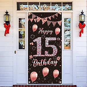 Lnlofen 15th Birthday Door Banner Decorations for Girls, Large 15 Year Old Birthday Party Door Cover Backdrop Supplies, Rose Gold Happy 15th Birthday Poster Sign