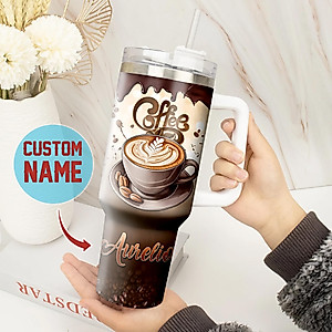 WAZONE Personalized Shh My Coffee And I Are Having A Moment 40oz Tumbler with Handle and Straw Lid Insulated Travel Mug Funny Customized Animal Gifts For Cat Lovers Men Women Birthday Present