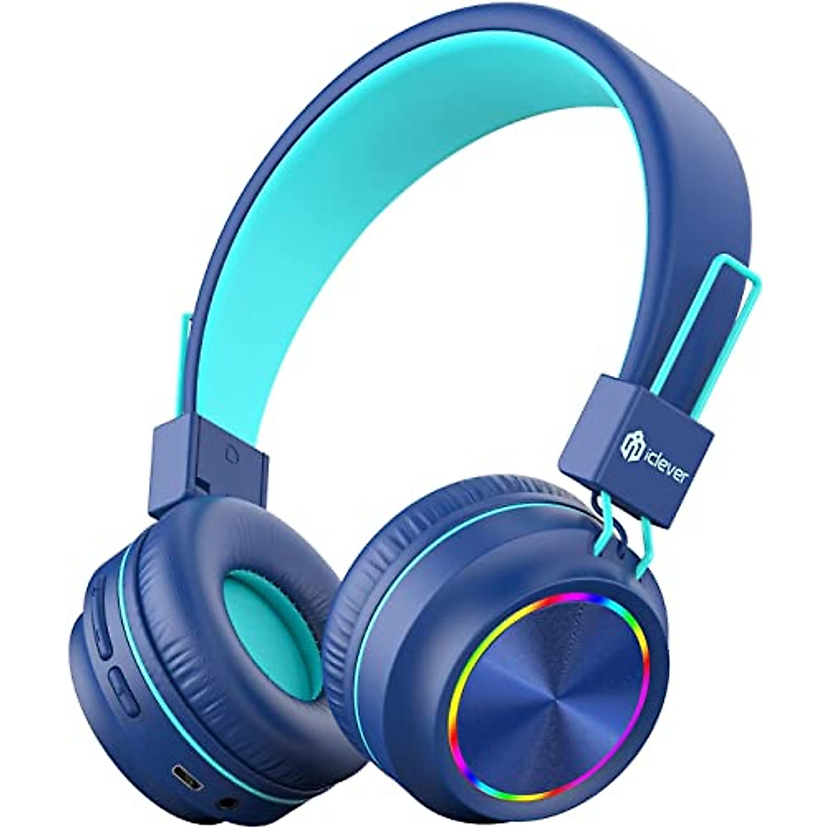 iClever BTH03 Kids Bluetooth Headphones Safe Volume, Colorful LED Lights, 25H Playtime, Stereo Sound Mic, Bluetooth 5.0, Foldable, On Ear Kids Wireless Headphones for Tablet Airplane, Blue