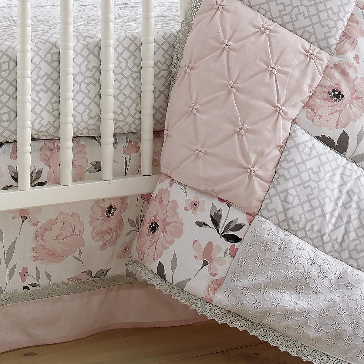 Levtex Baby - Elise Crib Bed Set - Baby Nursery Set - Pink, Grey, and White - Floral and Velvet Patchwork - 5 Piece Set Includes Quilt, Two Fitted Sheets, Wall Decal & Skirt/Dust Ruffle